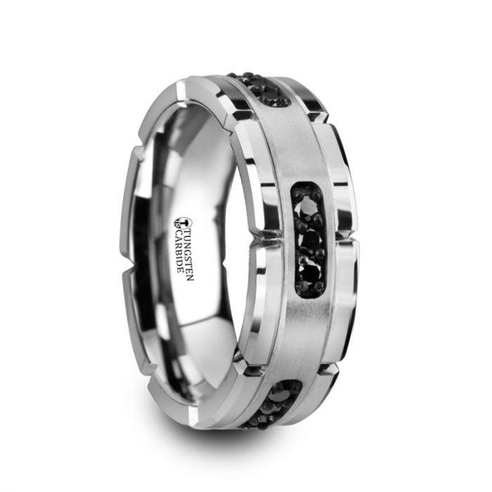 VALOR Grooved Tungsten Ring with Silver Inlay & Black Diamonds - 8mm ...