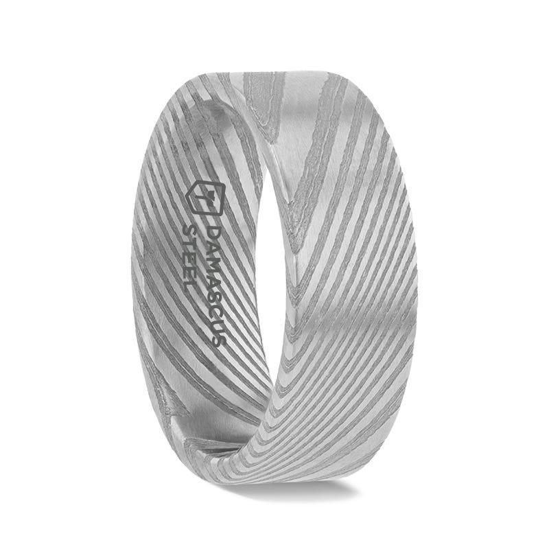 XANDER Grey Flat Brushed Damascus Steel Men’s Wedding Band with Vivid ...