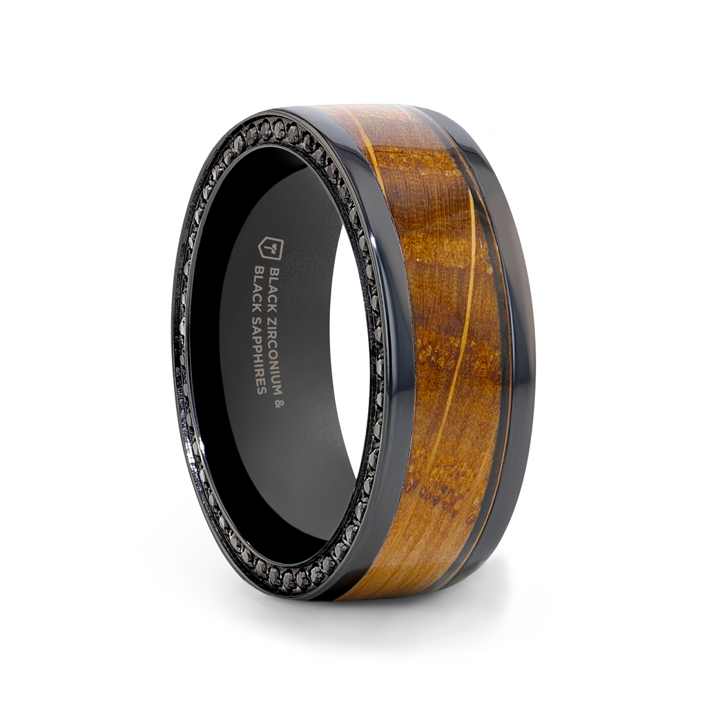 BOURBON Black Zirconium Ring with Whiskey Barrel Wood Inlay and Black ...