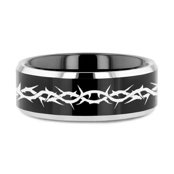 THORN CROWN Tungsten Ring with Black Center and Polished Beveled Edges ...