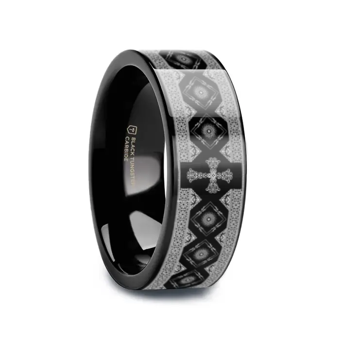 CATHOLY Black Flat Tungsten Carbide Ring with Engraved Cross Pattern ...