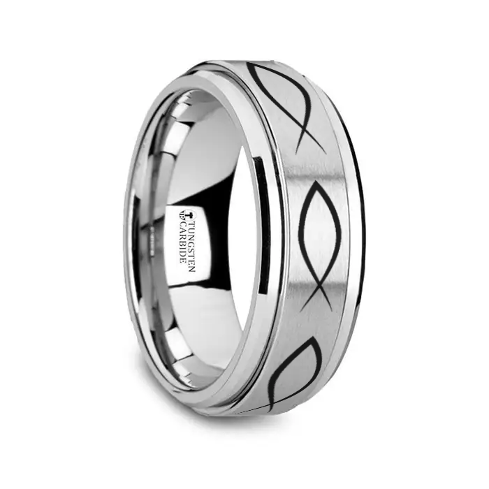ICHTHYS Spinning Religious Fish Tungsten Carbide Spinner Wedding Band ...