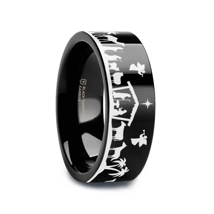 NATIVITY SCENE on Black Flat Tungsten Carbide Ring – Thorsten Rings