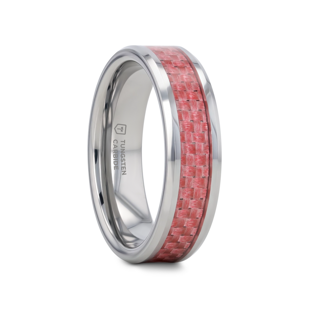 PINK Beveled Tungsten Wedding Band with Pink Carbon Fiber -4mm & 6mm ...