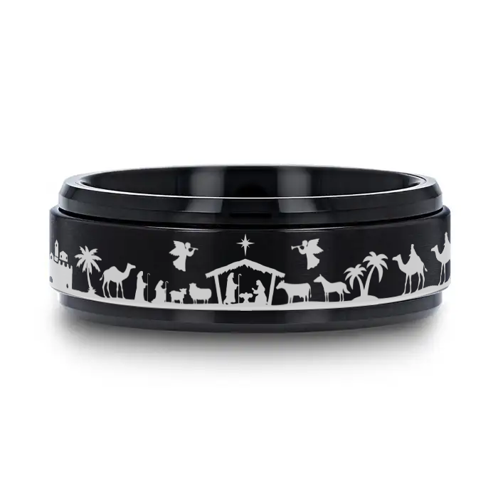 NATIVITY SCENE on Spinning Black Tungsten Carbide Ring – Thorsten Rings