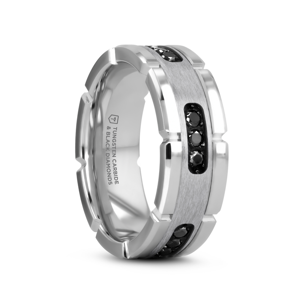 VALOR Grooved Tungsten Ring with Silver Inlay & Black Diamonds - 8mm ...