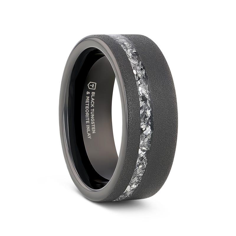 ABYSS Sandblasted Black Tungsten Ring with Meteorite Fragments Inlay ...