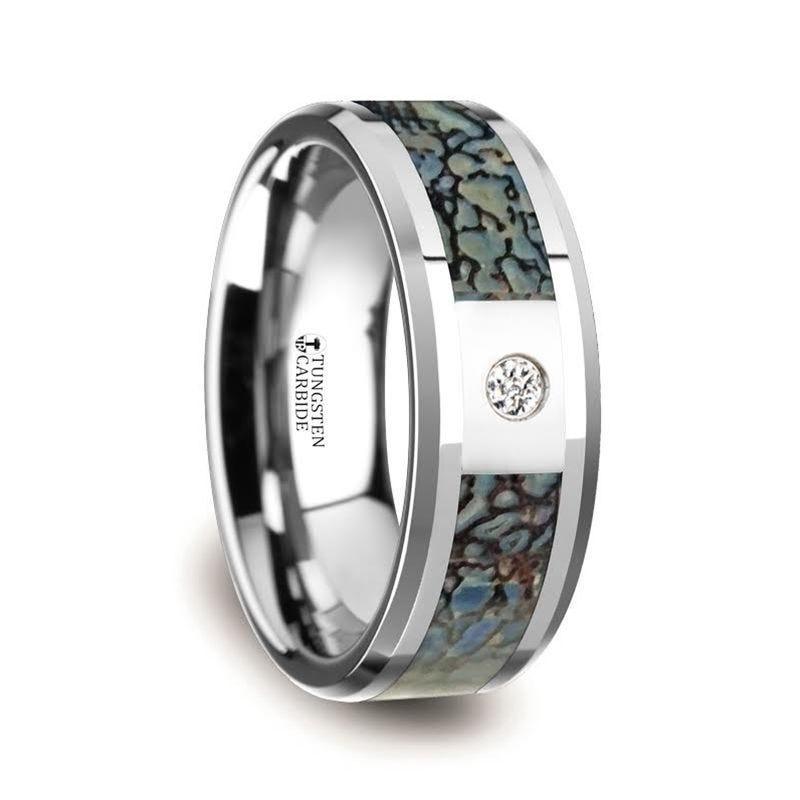 Blue Dinosaur Bone Inlaid Tungsten Carbide Diamond Wedding Band with B ...