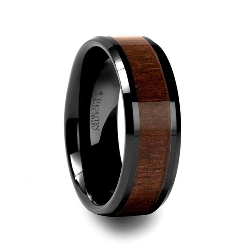 YUKON Beveled Black Ceramic Ring with Black Walnut Wood Inlay - 4mm ...
