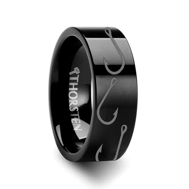 Fishing Hook Pattern Engraved Flat Black Tungsten Ring - 4mm - 12mm ...
