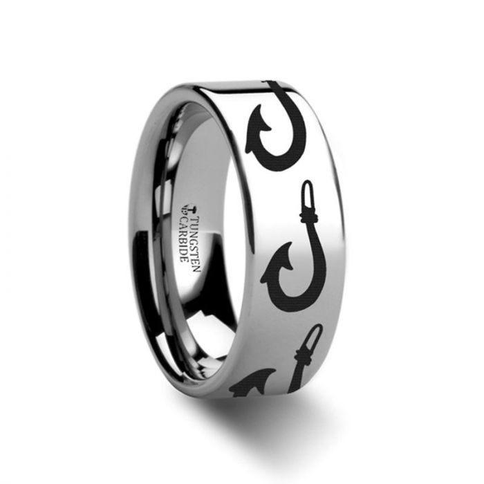 Large Polynesian Fishing Hook Pattern Engraved Flat Tungsten Ring - 4m ...
