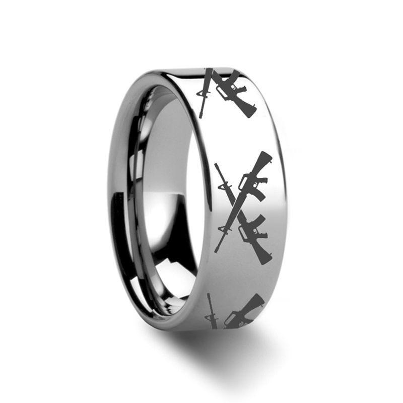 M16 CROSSED Firearm Design Engraved Flat Tungsten Ring - 4mm - 12mm ...