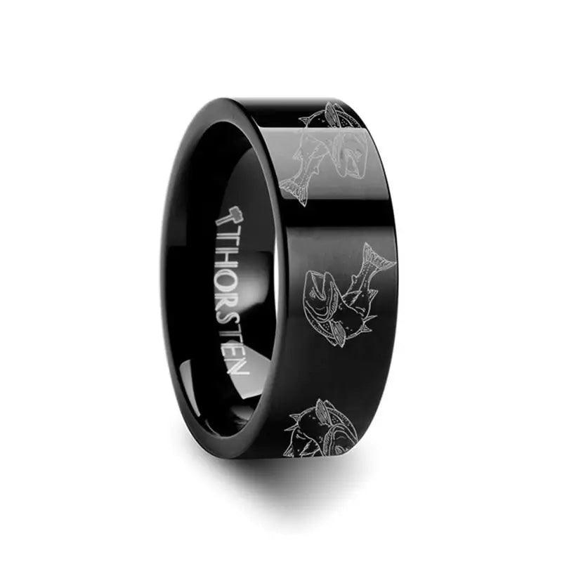 Trout Fish Jumping Sea Print Pattern Engraved Flat Black Tungsten Ring ...
