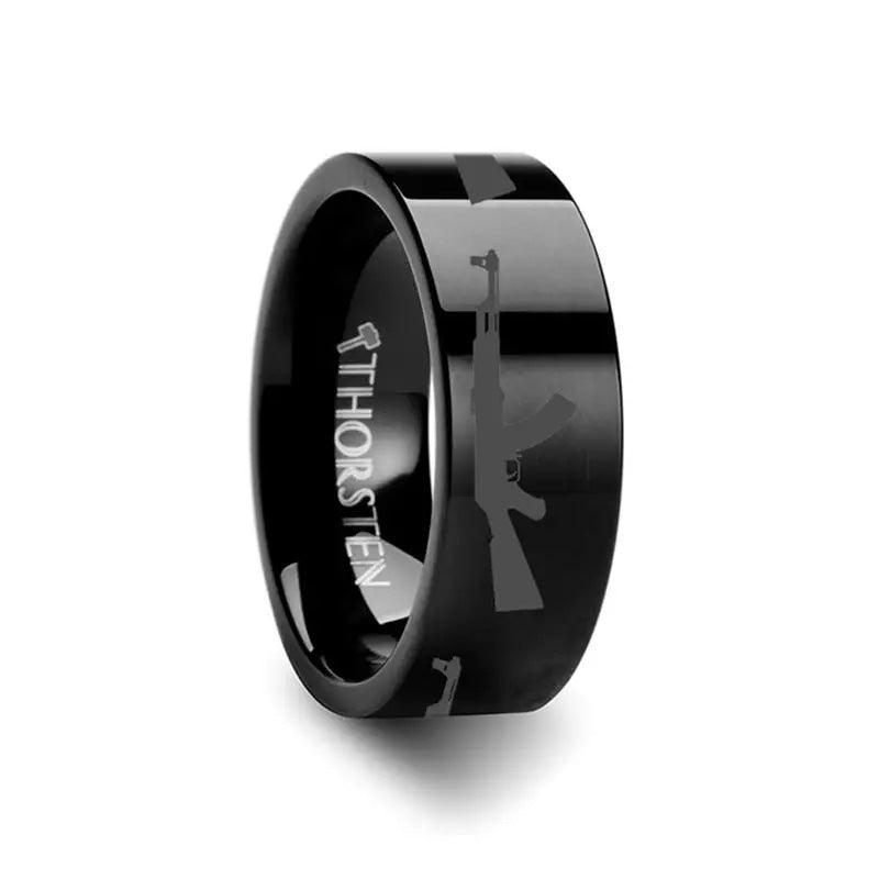 AK-47 Print Design AK47 Engraved Flat Tungsten Black Ring - 4mm - 12mm ...