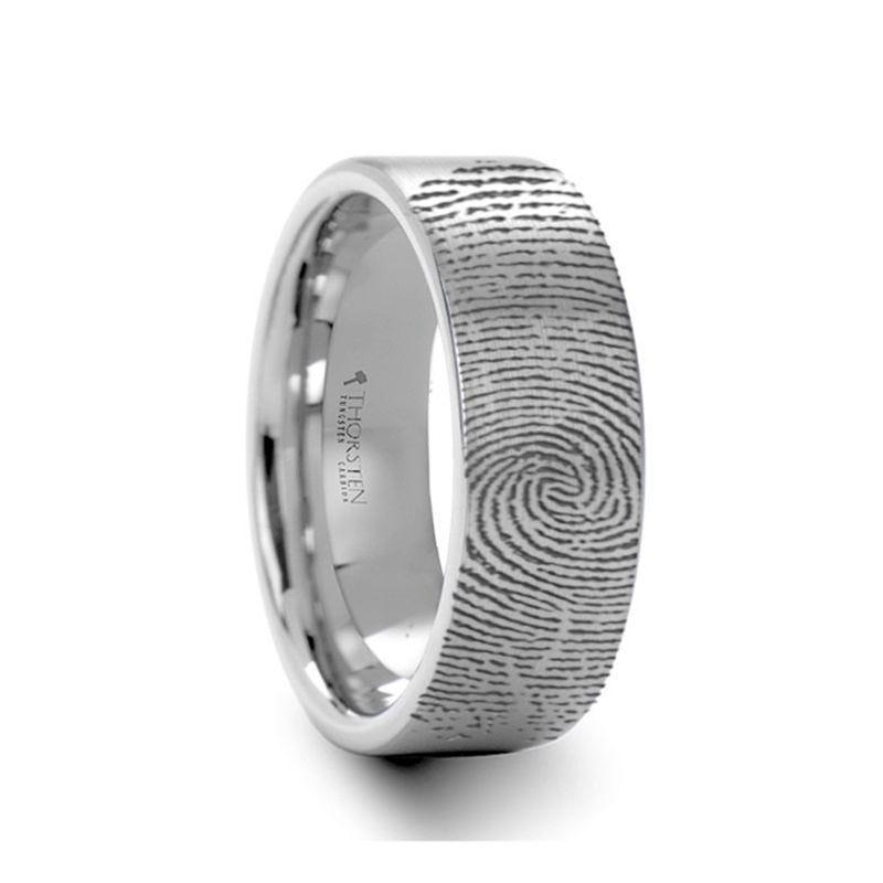 Fingerprint Engraved Flat Pipe Cut Tungsten Brushed Ring - Mercury - 4 ...