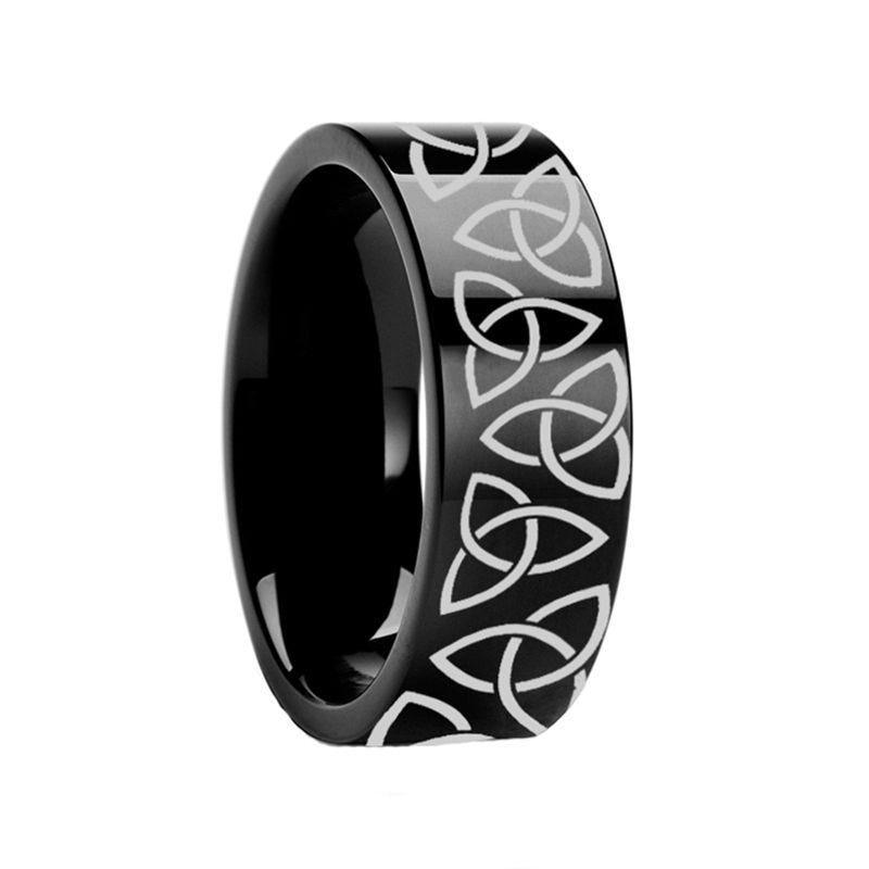 Triquetra Celtic Trinity Engraved Flat Black Tungsten Ring Polished ...