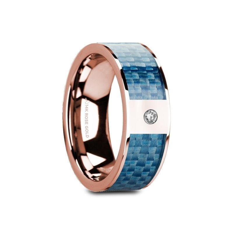 GARTH Flat 14K Rose Gold Ring with Blue Carbon Fiber Inlay & White Dia ...