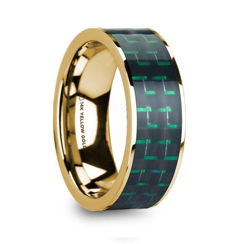 HALI Black & Green Carbon Fiber Inlaid 14k Yellow Gold Men’s Wedding R ...