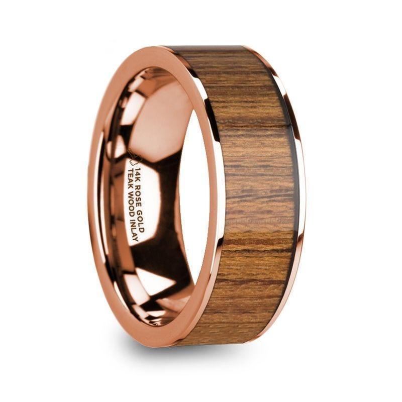 VERNADOS Polished 14k Rose Gold Men’s Wedding Band with Teak Wood Inla ...
