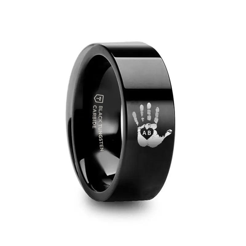 Handprint Initials Engraved Flat Pipe Cut Black Tungsten Ring Polished ...