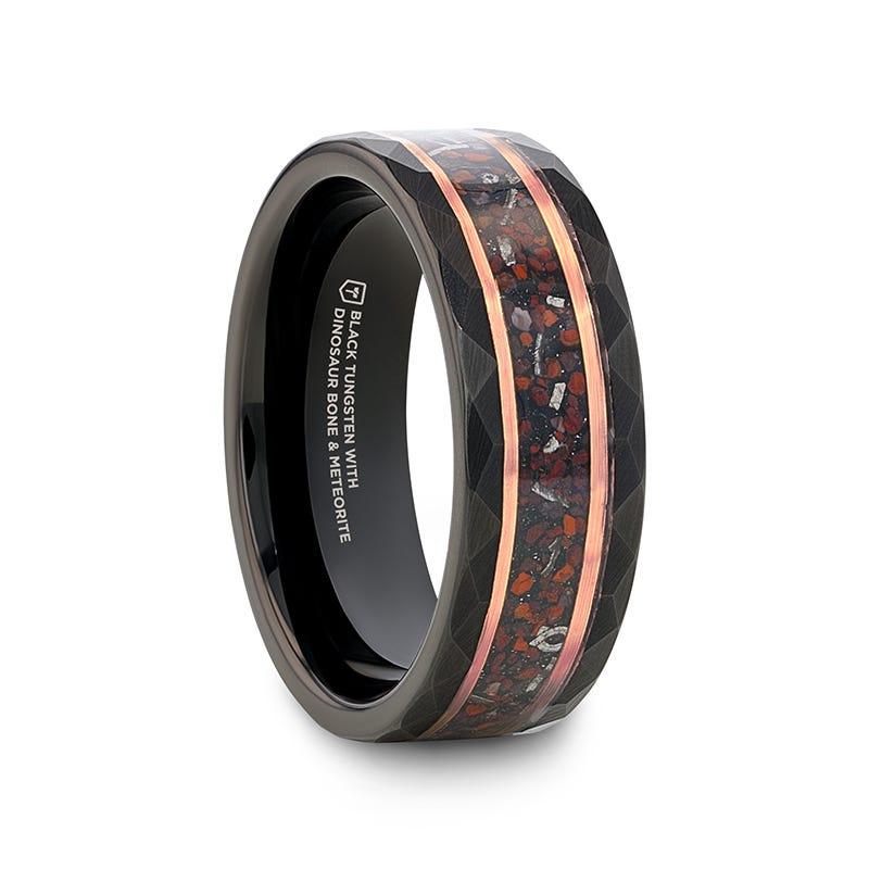 INFERNO Black/Rose Hammered Tungsten Carbide Ring with Dinosaur Bones ...