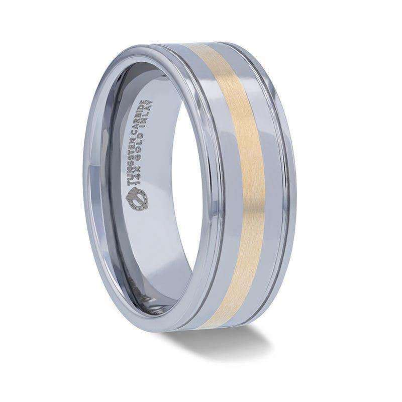LAZIO 14k Gold Inlay with Grooved Edges Tungsten Polished Wedding Band ...