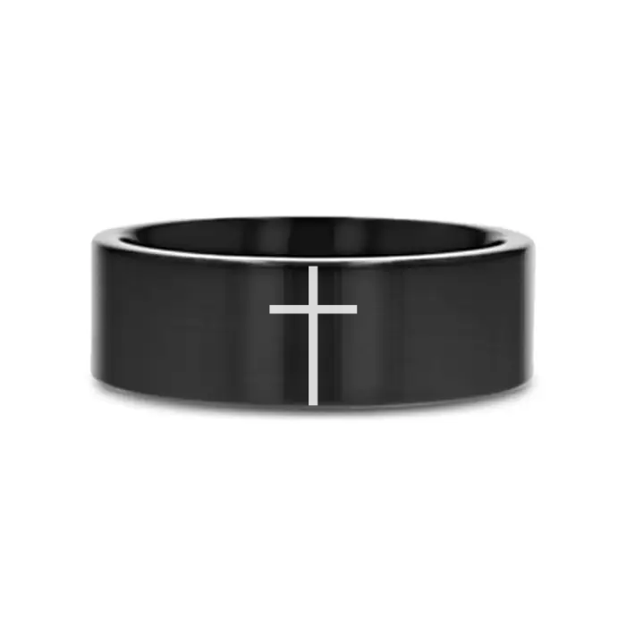MINIMALIST CROSS Laser Engraved on Flat Black Tungsten Carbide Ring ...