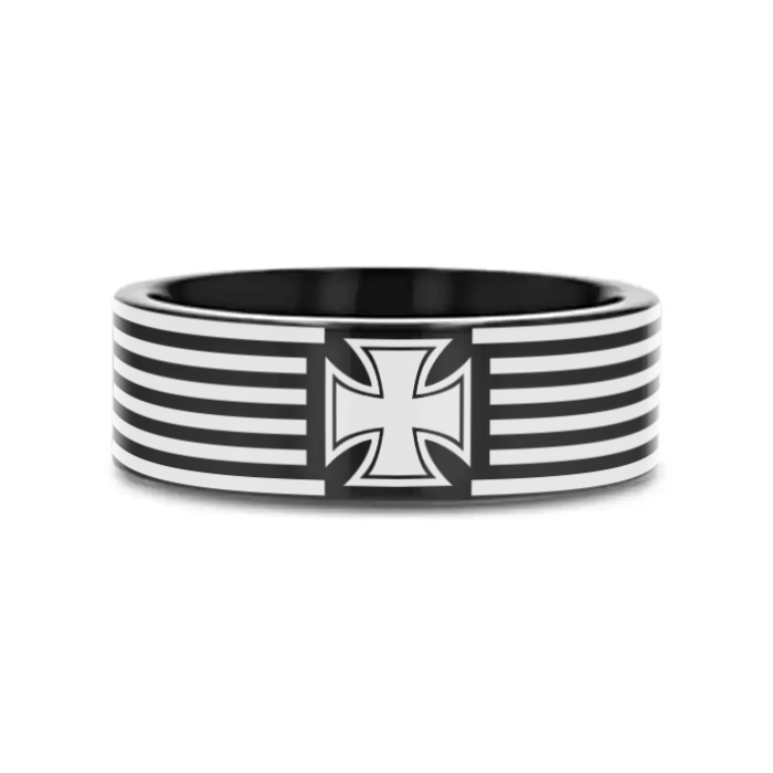 IRON CROSS on Black Flat Tungsten Carbide Ring – Thorsten Rings