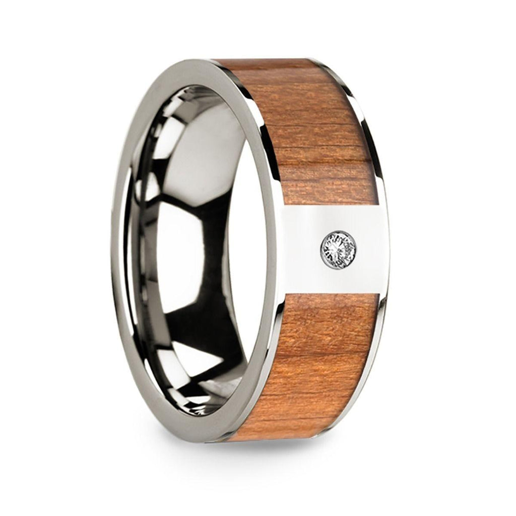 Sapele Wood Inlaid Polished 14k White Gold Men’s Wedding Ring with Dia ...