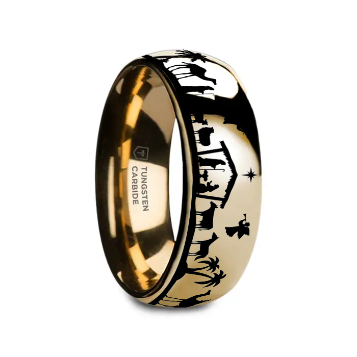 NATIVITY SCENE on Domed Gold Plated Tungsten Carbide Ring – Thorsten Rings