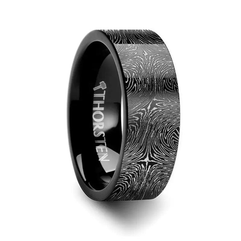 Damascus Steel Pattern Engraving Black Tungsten Engraved Ring - 4mm ...
