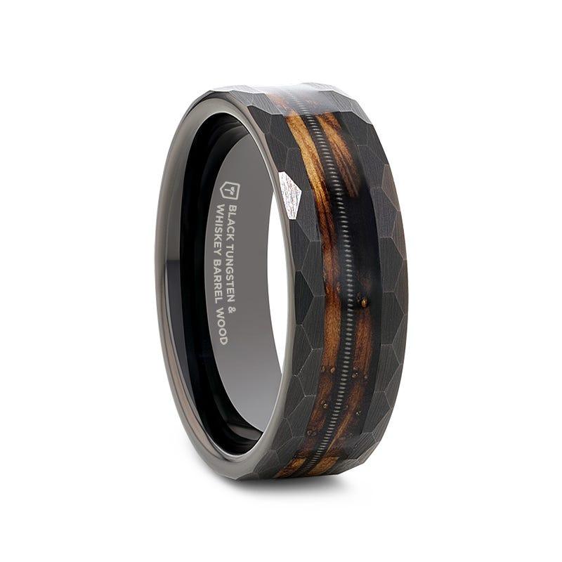 RIFF Black Tungsten Ring with Charred Whiskey Barrel and Guitar String ...
