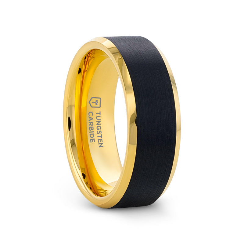 GASTON Gold Plated Tungsten Polished Beveled Ring with Brushed Black C ...