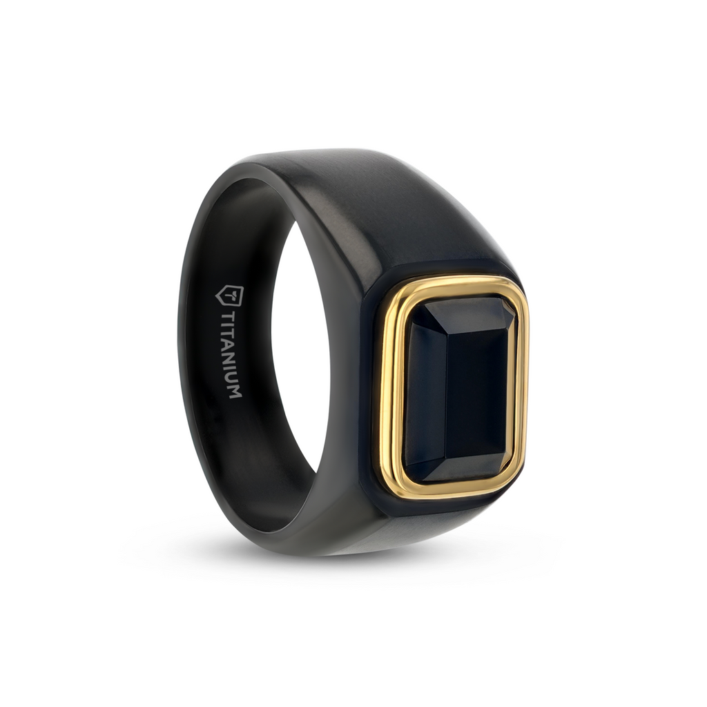 SPARRO Black Titanium Signet Ring With Black Onyx Inlay Outlined in Go ...