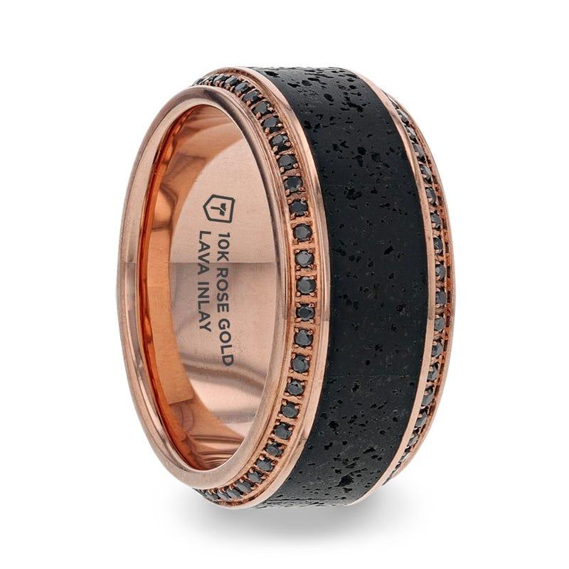 HYPERIA Lava Inlaid 10K Rose Gold Men's Wedding Band With Black Diamon ...