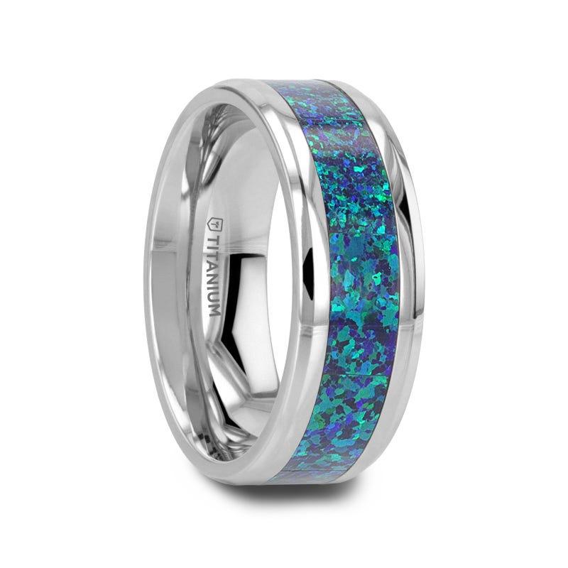ANDROMEDA Titanium Polished Beveled Edge Ring with Blue Green Opal Inl ...