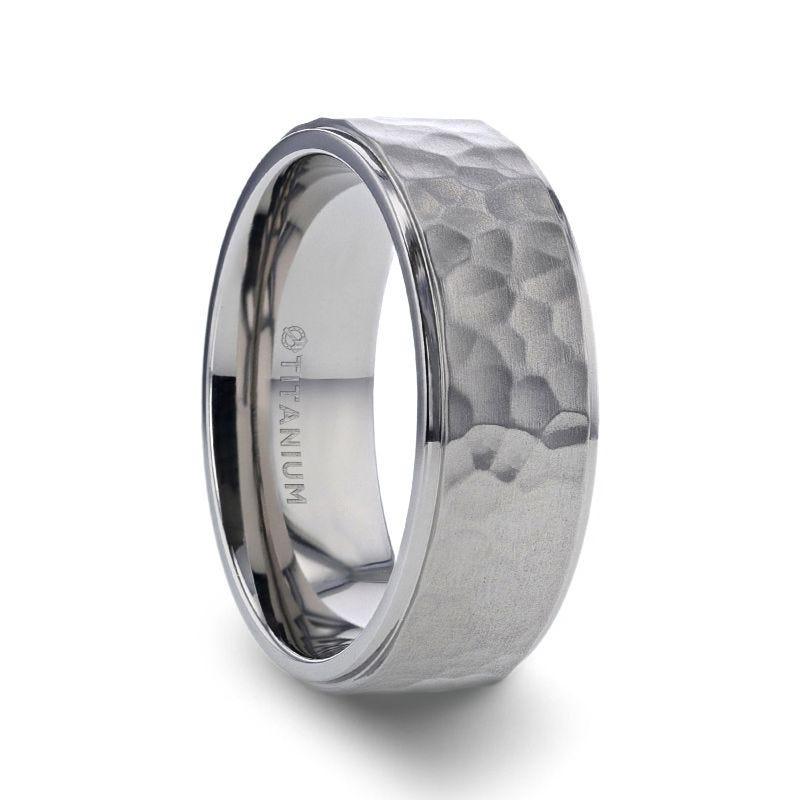 MINISTER Titanium Ring with Raised Hammered Finish and Polished Step E ...