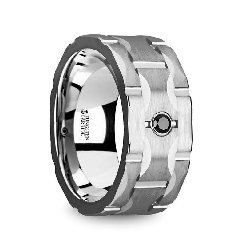 SAINT Brushed Tungsten Wedding Band with Grooves & Black Diamond - 10m ...