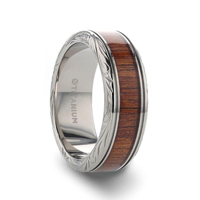 OHANA Koa Wood Inlaid Titanium Men’s Wedding Ring with Intricate Edges ...
