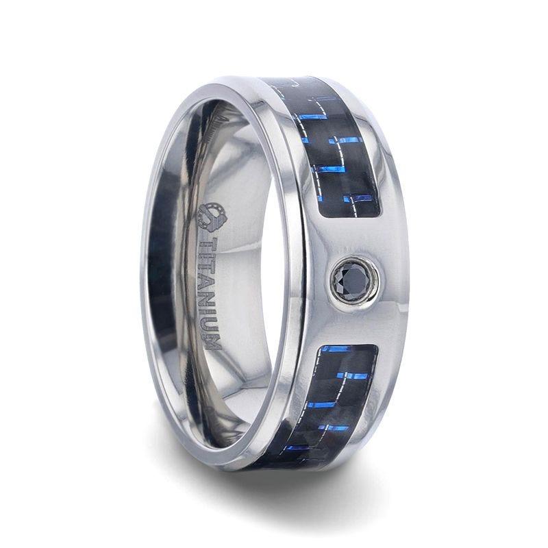 PACIFIC Black And Blue Carbon Fiber Inlaid Titanium Men's Wedding Band ...