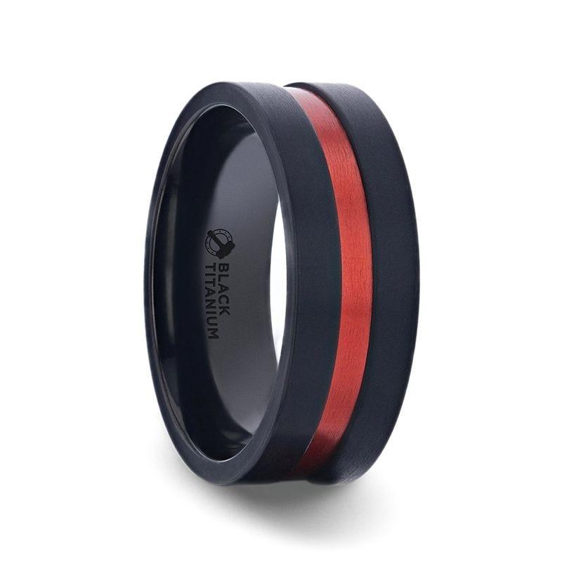 BLAZE Flat Brushed Black Titanium Men's Wedding Band With Red Aluminum ...