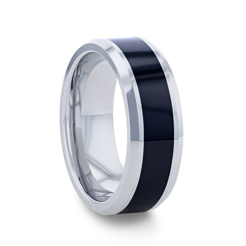 HAWK Polished Black Ceramic Inlaid Tungsten Men's Wedding Band with Be ...