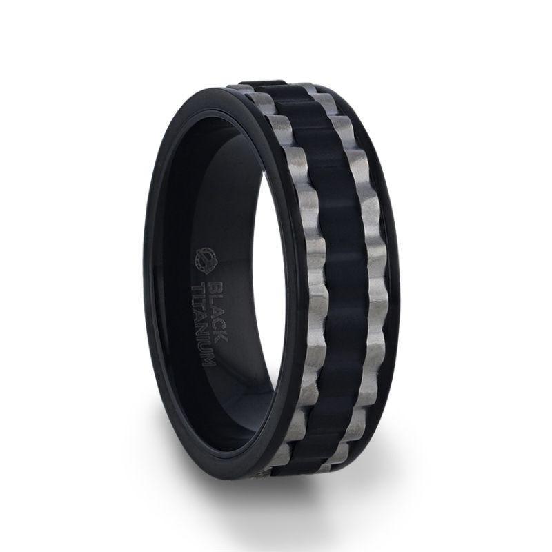 GEAR Two Toned Wavy Centered Brushed Black Titanium Men's Wedding Band ...