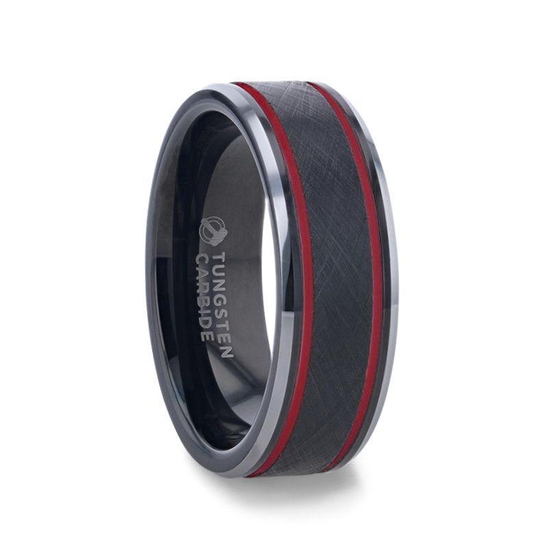 OLIS Wire Finish Centered Black Tungsten Men's Wedding Band With Doubl ...