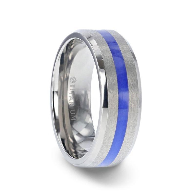 BARRY Blue Stripe Inlaid Titanium Flat Brushed Men's Wedding Ring With ...