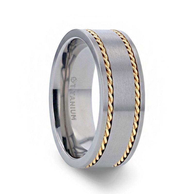 FERDINAND Titanium Brushed Finish Flat Men's Wedding Ring With 14K Yel ...