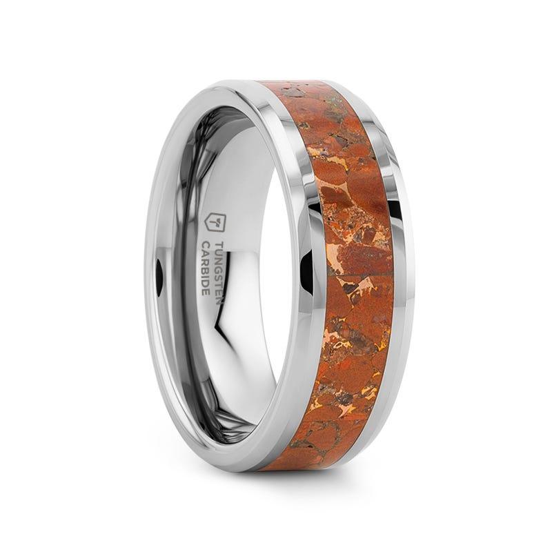 CROWN Tungsten Carbide ring with Beveled Edges and Orange Copper Congl ...