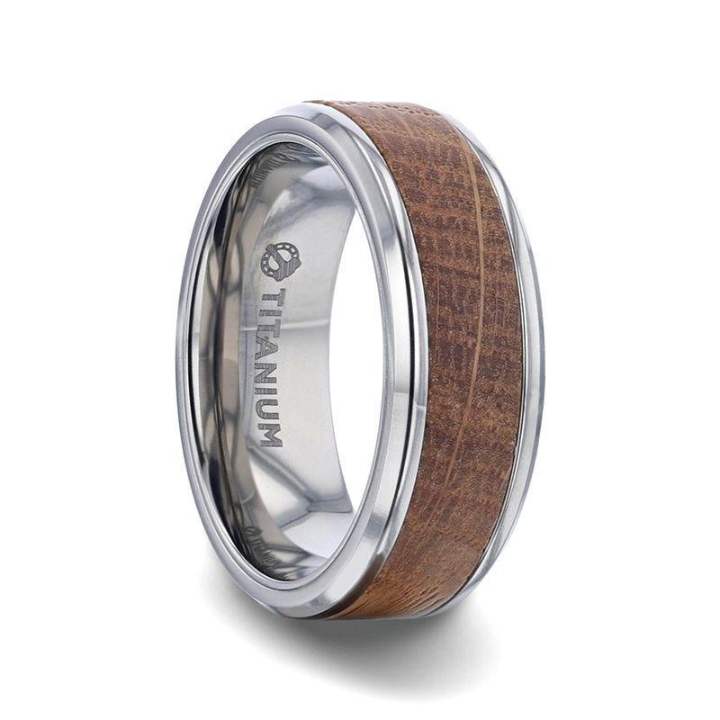 CASK Whiskey Barrel Inlaid Titanium Men's Wedding Band With Beveled Po ...