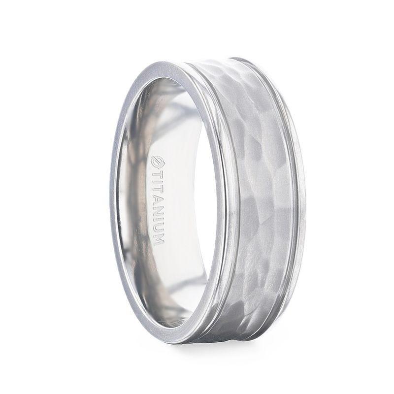 WILLIAM Hammered Finish Center White Titanium Men's Wedding Band With ...