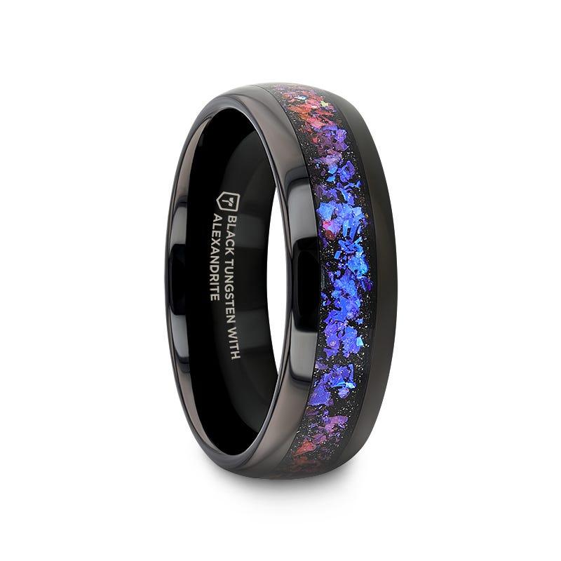 COSMIC Black Tungsten Ring with Crushed Alexandrite and Dark Blue & Pu ...